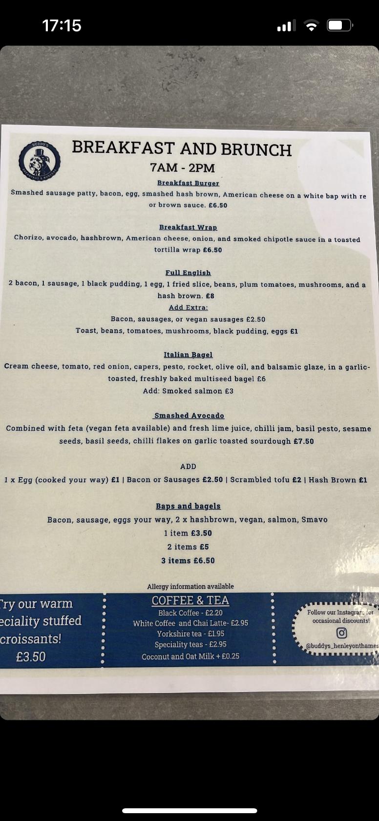 Menu at Buddy's Breakfast and Burgers restaurant, Henley-on-Thames
