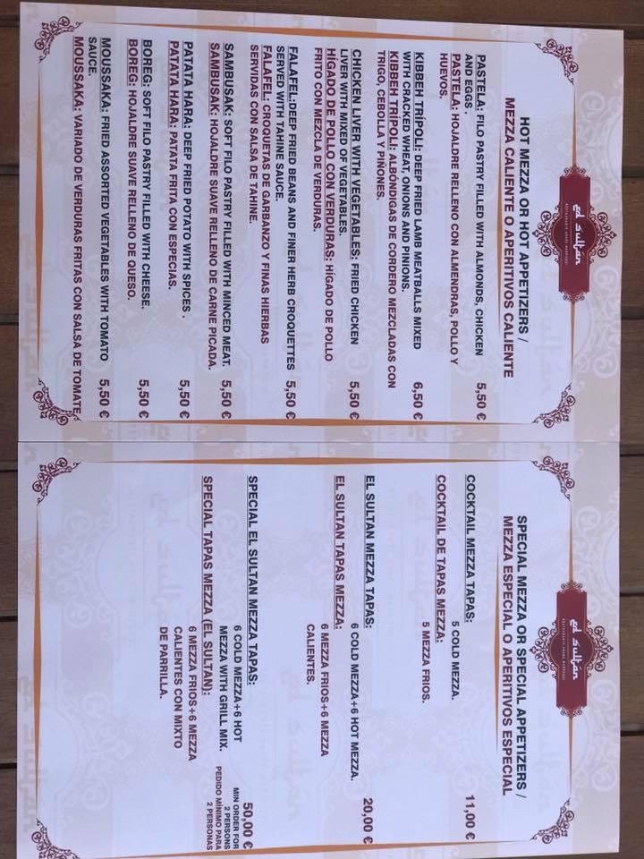 Menu at Restaurante El Sultán, Fuengirola, Calle Héroes de Baler s/n ...
