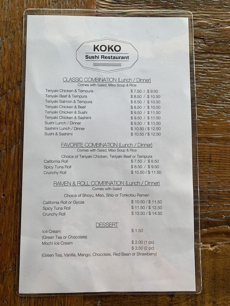 Menu at Koko sushi restaurant, Mission Viejo
