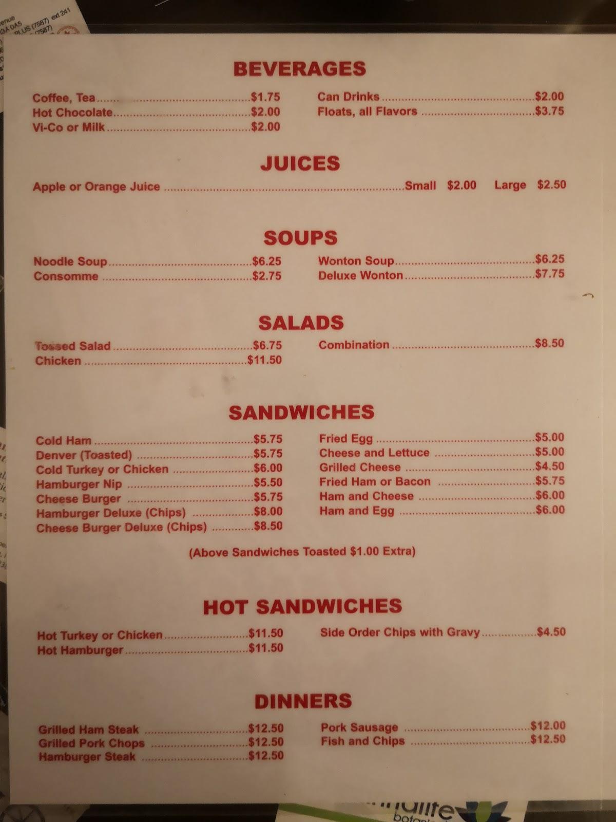 Menu at Lee's Restaurant, Dauphin