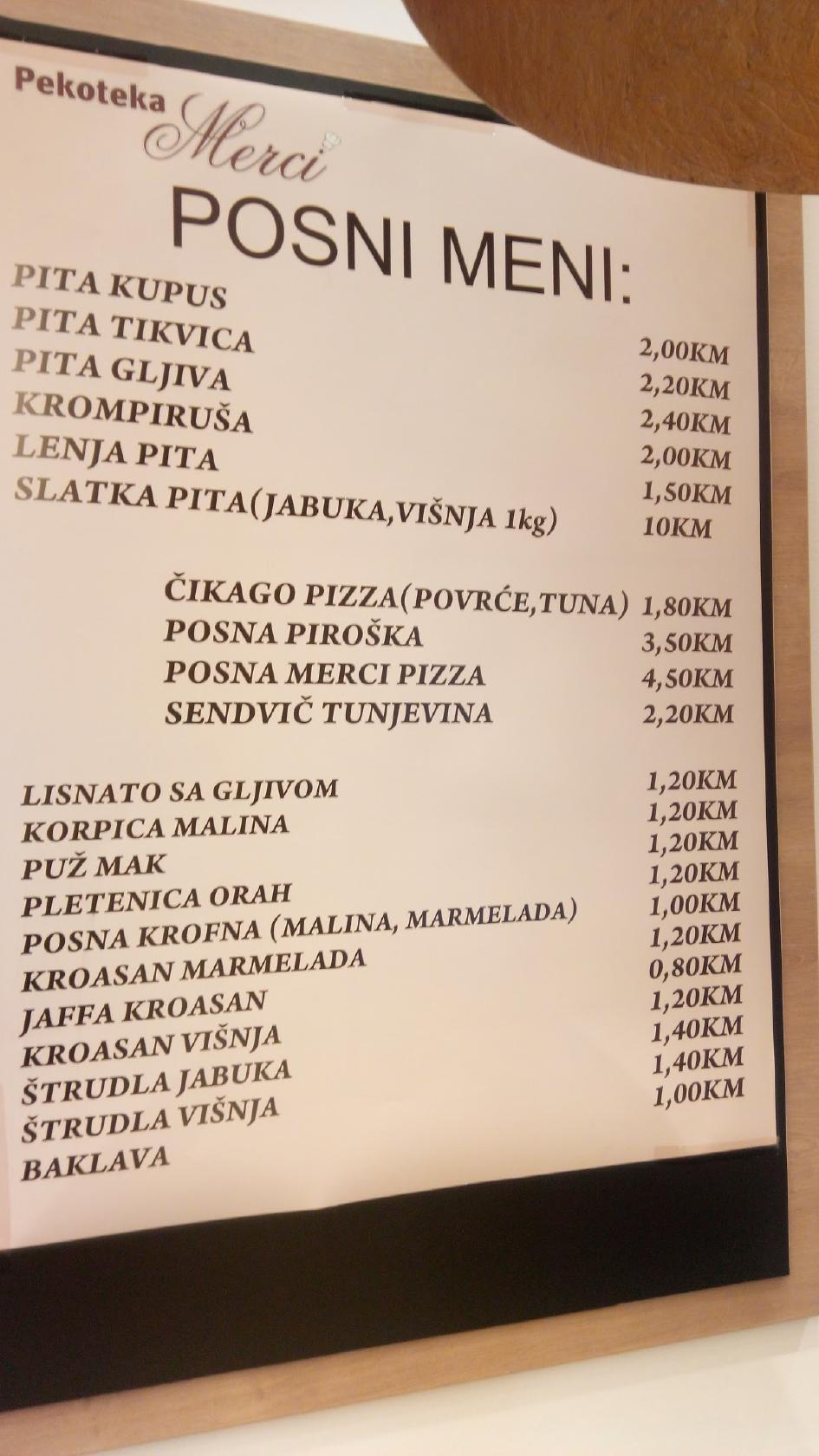 Menu at Merci, Banja Luka, Q59M+MPG