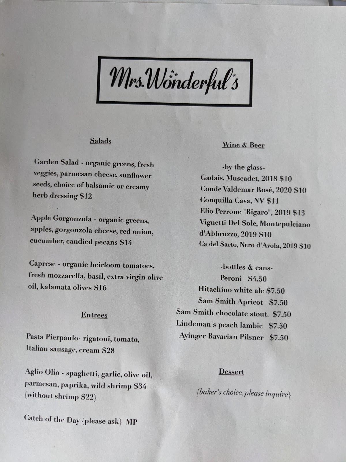 Menu at Mrs. Wonderful's Café cafe, Polson