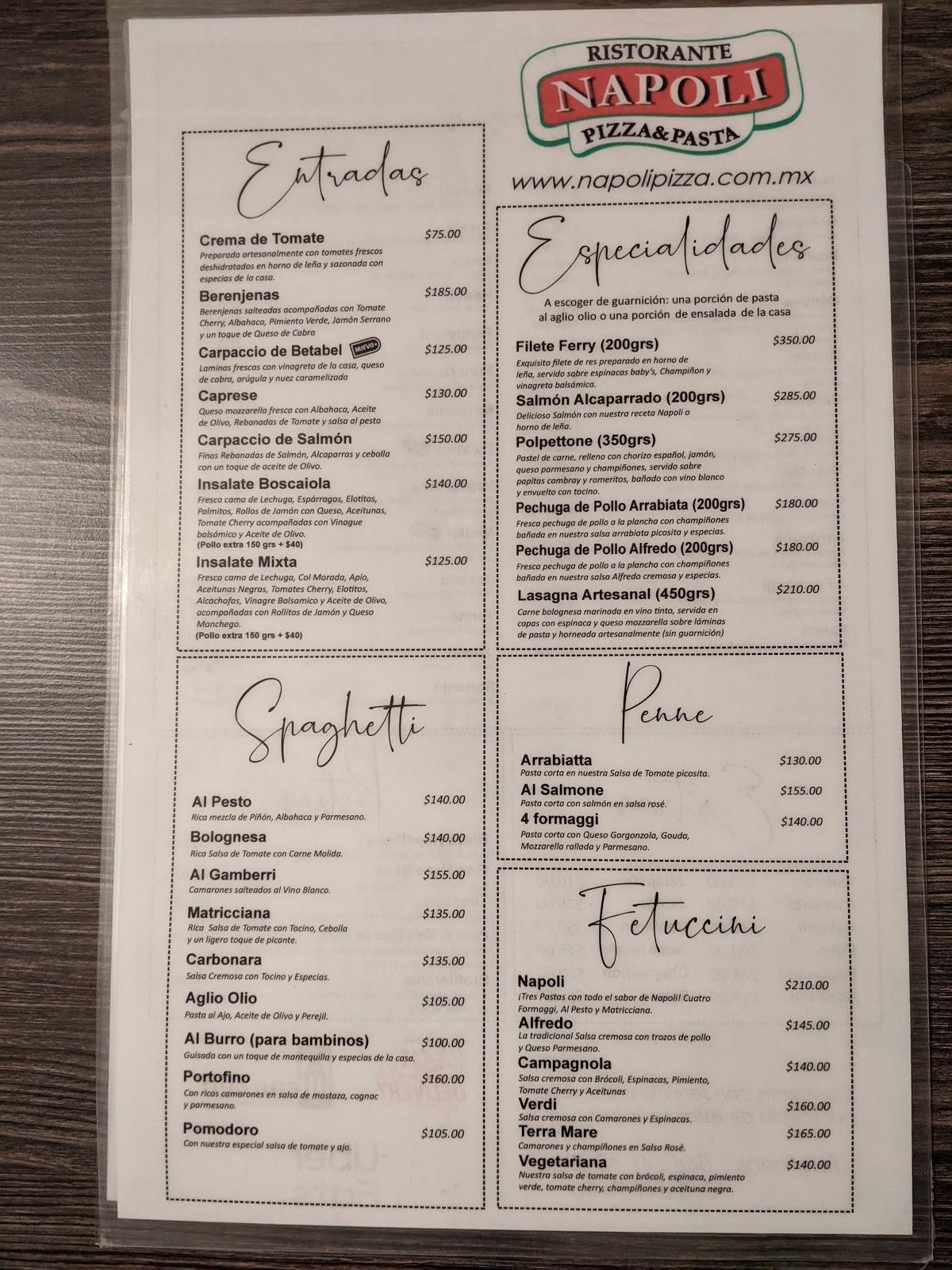 Carta del restaurante Napoli Pizza & Pasta, Monclova