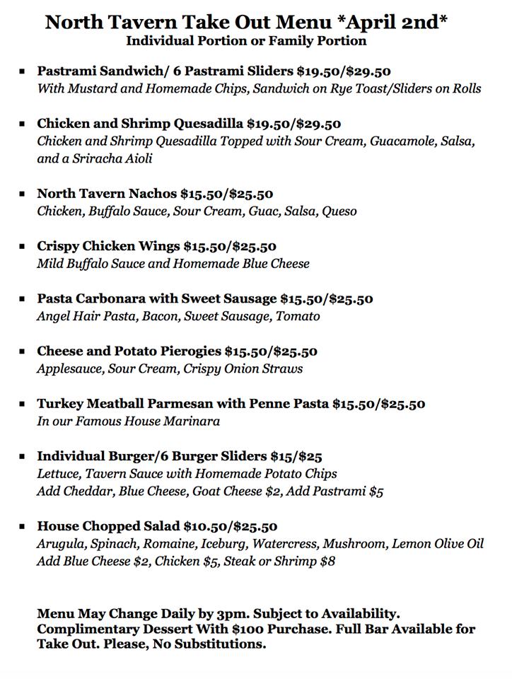 Menu at North Tavern restaurant, Wading River