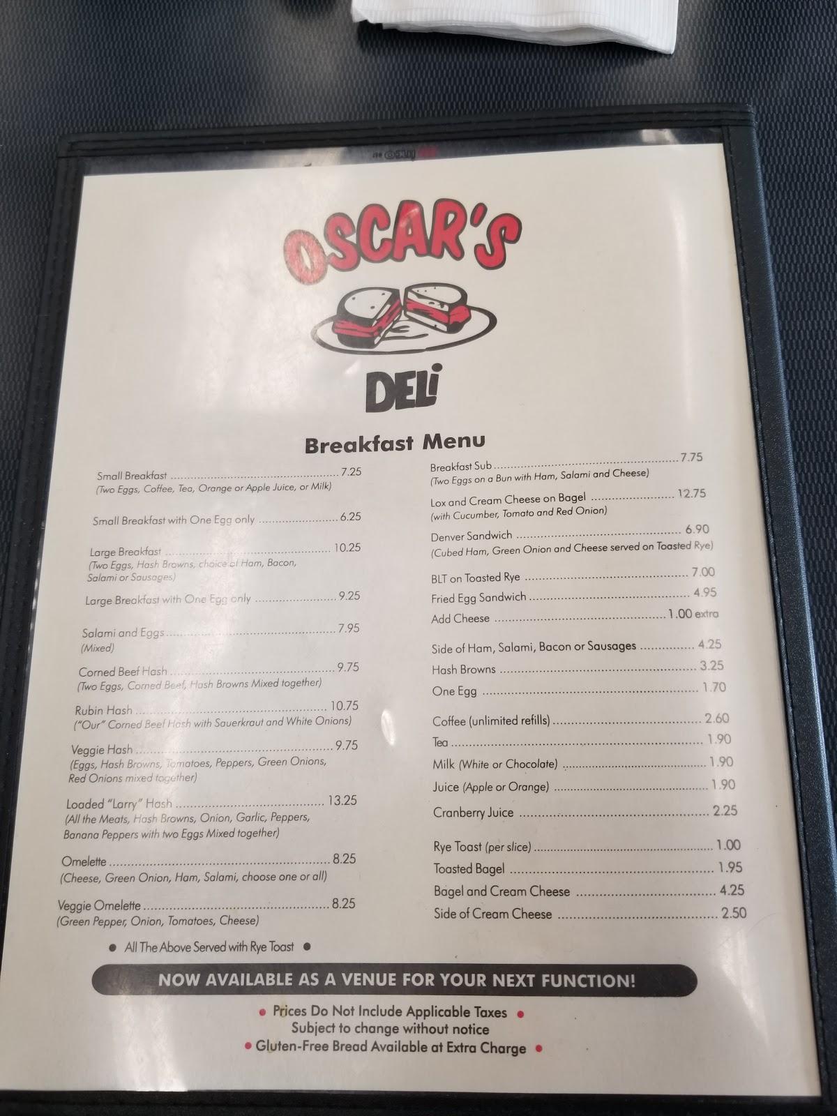 Menu at Oscar's Deli restaurant, Winnipeg