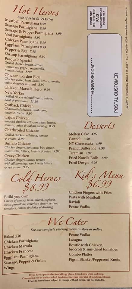 Menu at Pasquale's pizzeria, Wallkill