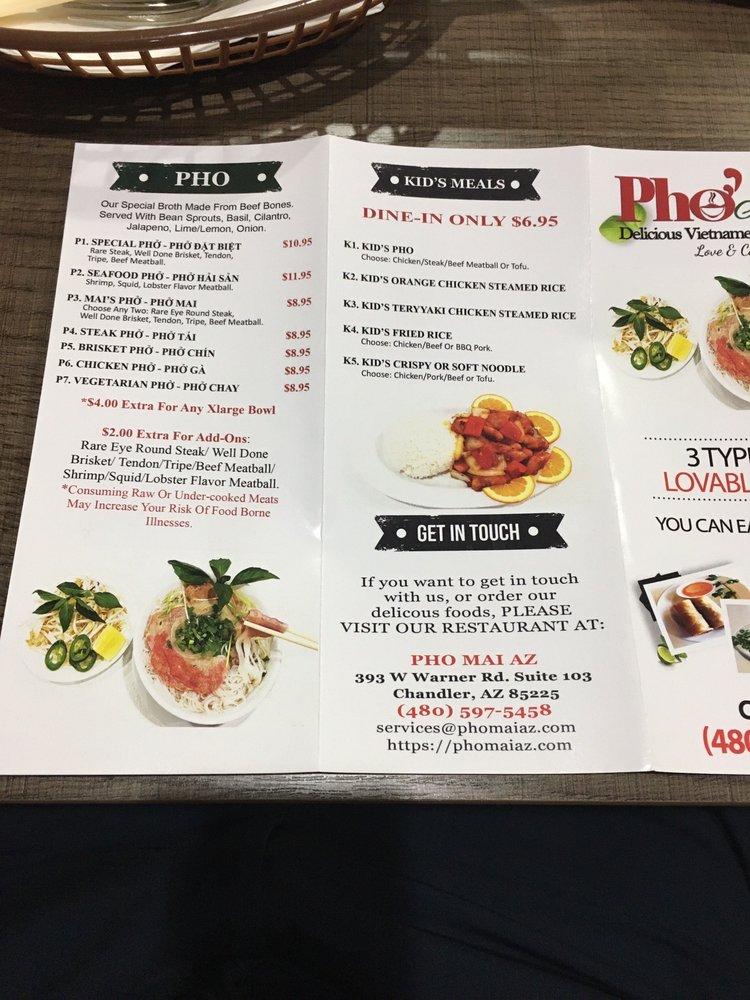 Menu at Pho Mai restaurant, Chandler