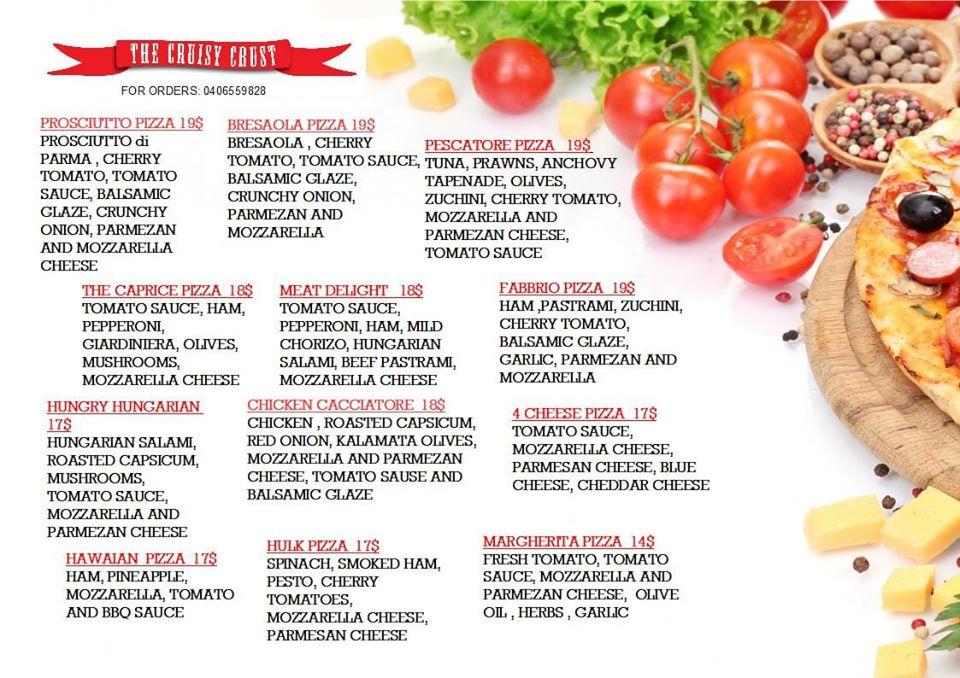 Menu at The Cruisy Crust pizzeria, Millars Well