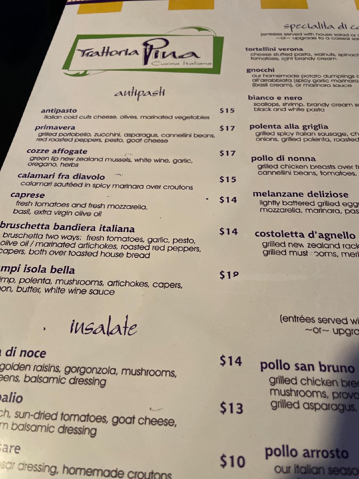 Menu at Trattoria Pina restaurant, Tucson, N Swan Rd