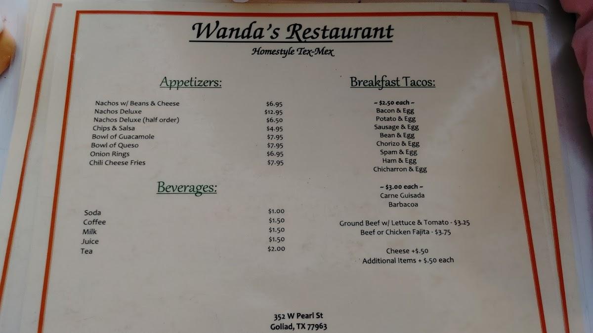 Menu at Wanda's Restraurant restaurant, Goliad