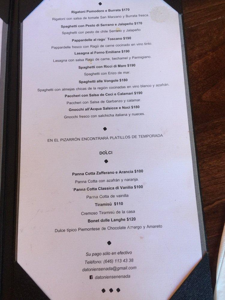 Menu at da Toni restaurant, Ensenada