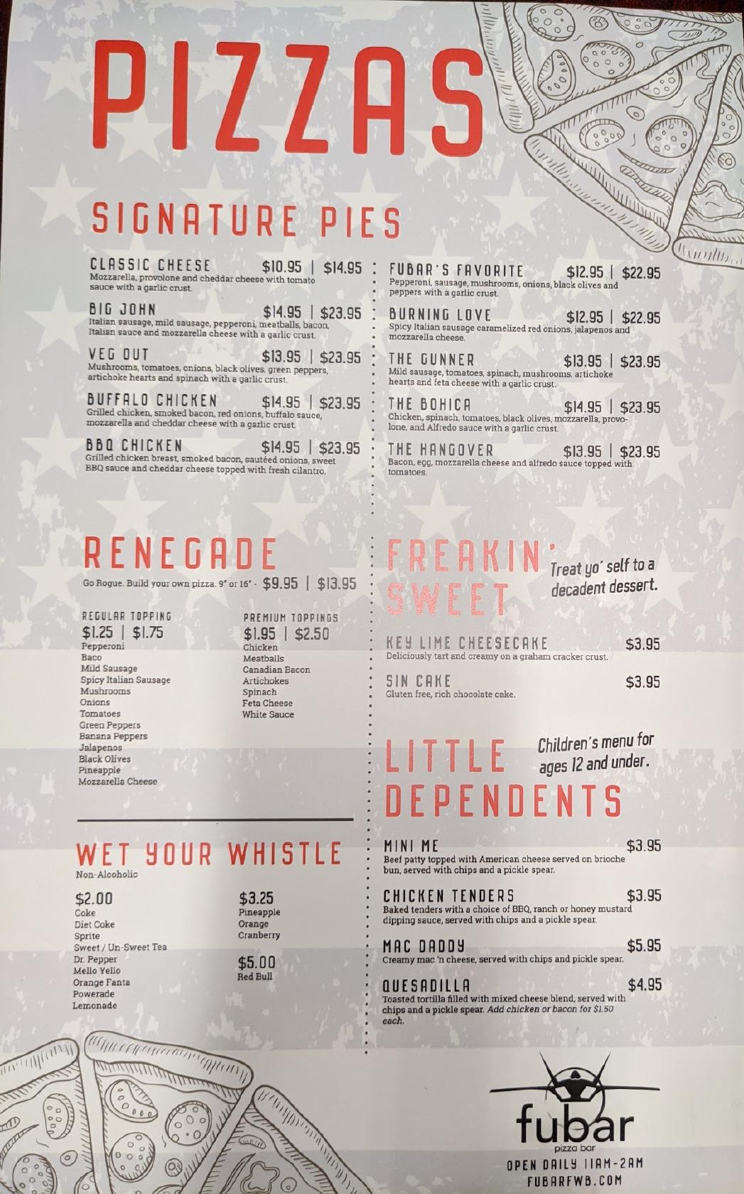 Menu at FUBAR Pizza Bar, Fort Walton Beach