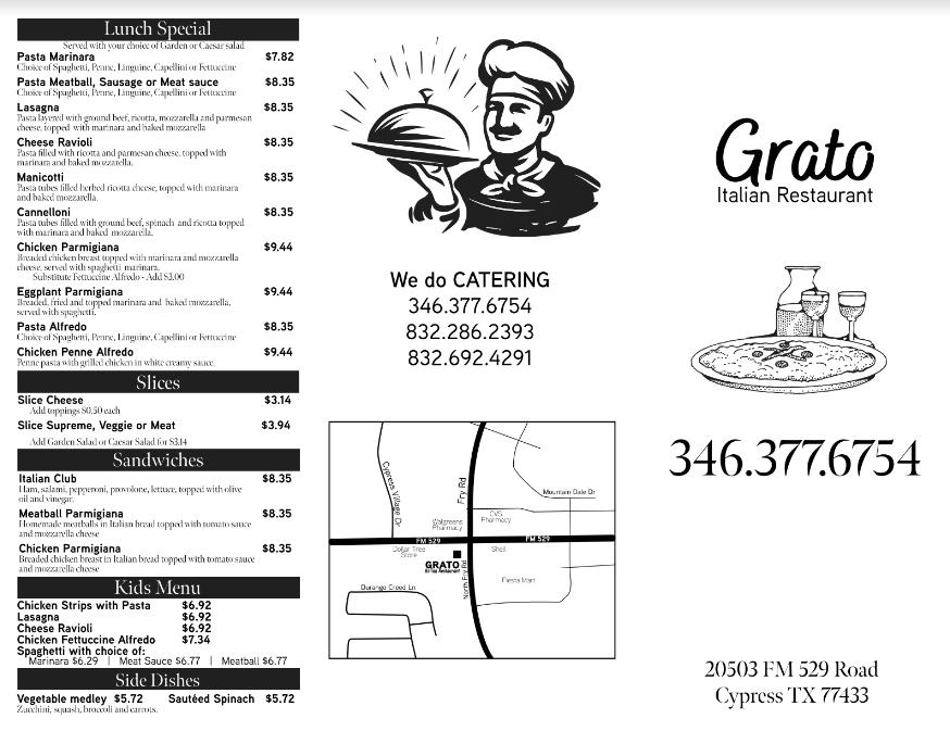 Menu at Grato Italian Restaurant, Cypress