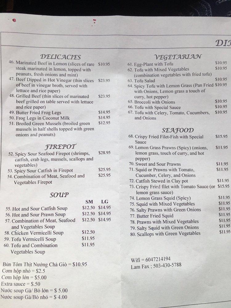 Menu at Kim Huong Vietnamese Restaurant, Salem