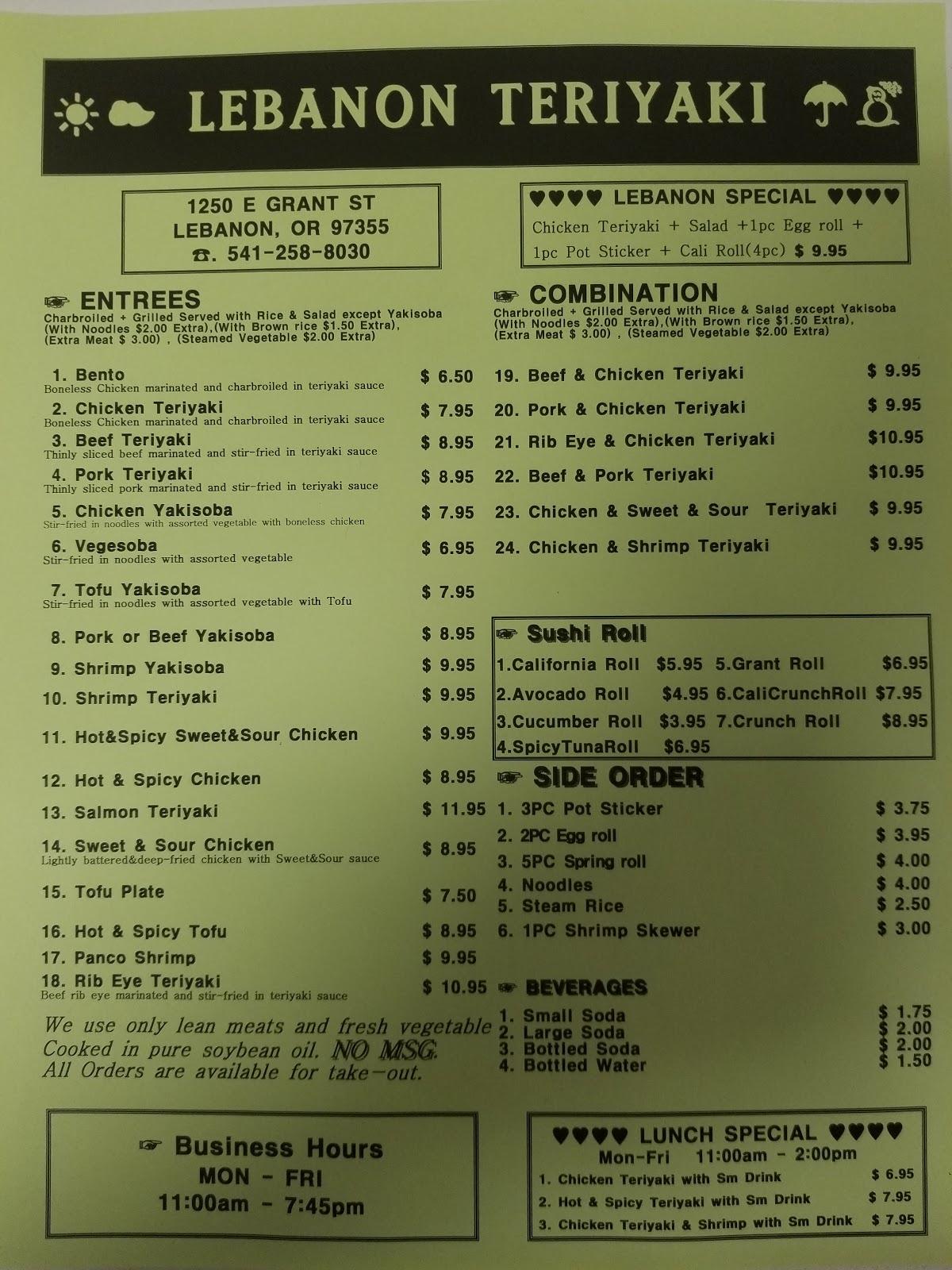 Menu at Lebanon Teriyaki restaurant, Lebanon