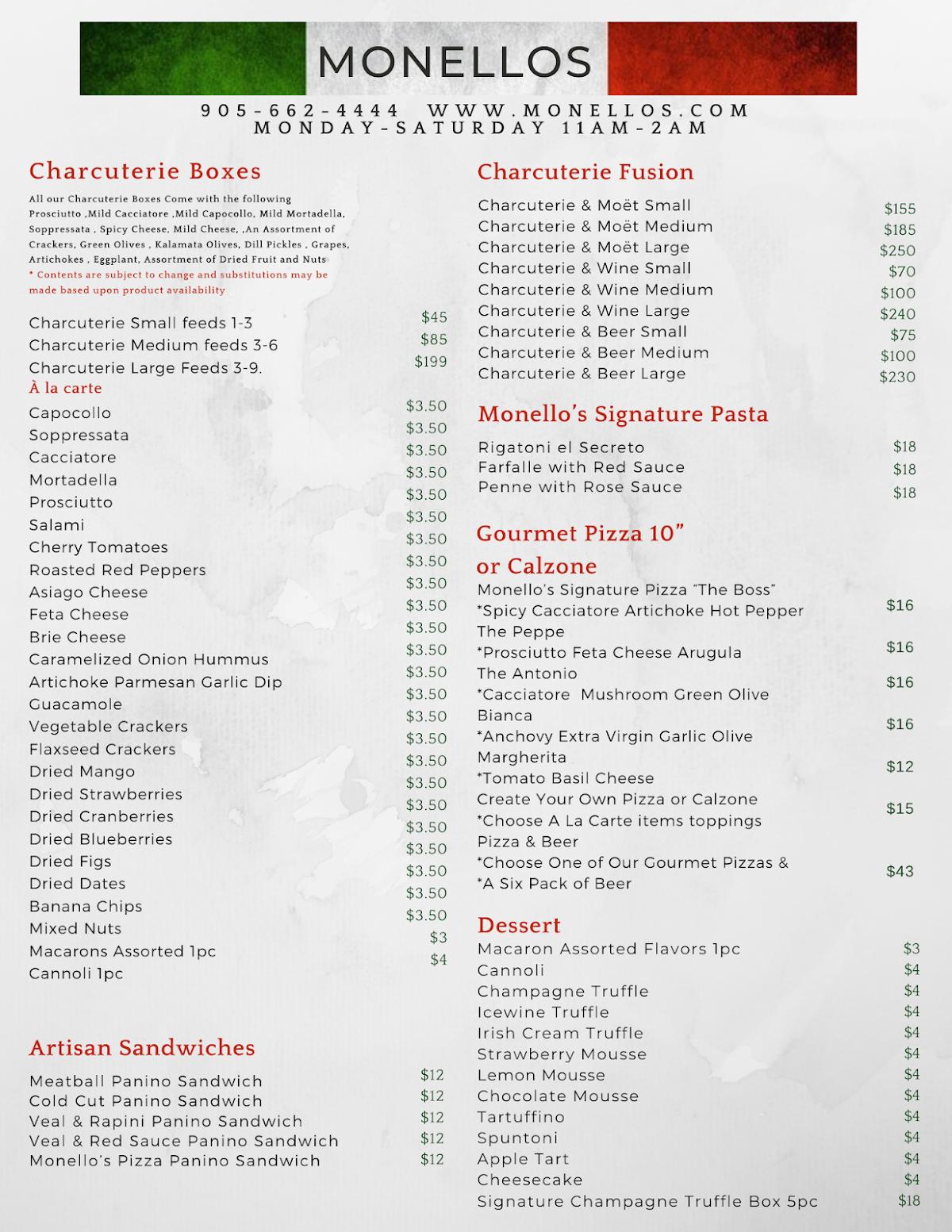 Menu at Monello’s restaurant, Hamilton