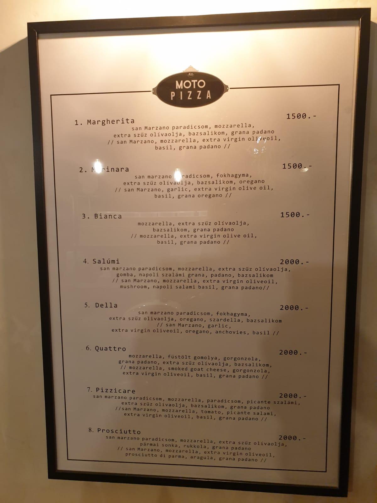 Menu at Moto Pizza Madách restaurant, Budapest