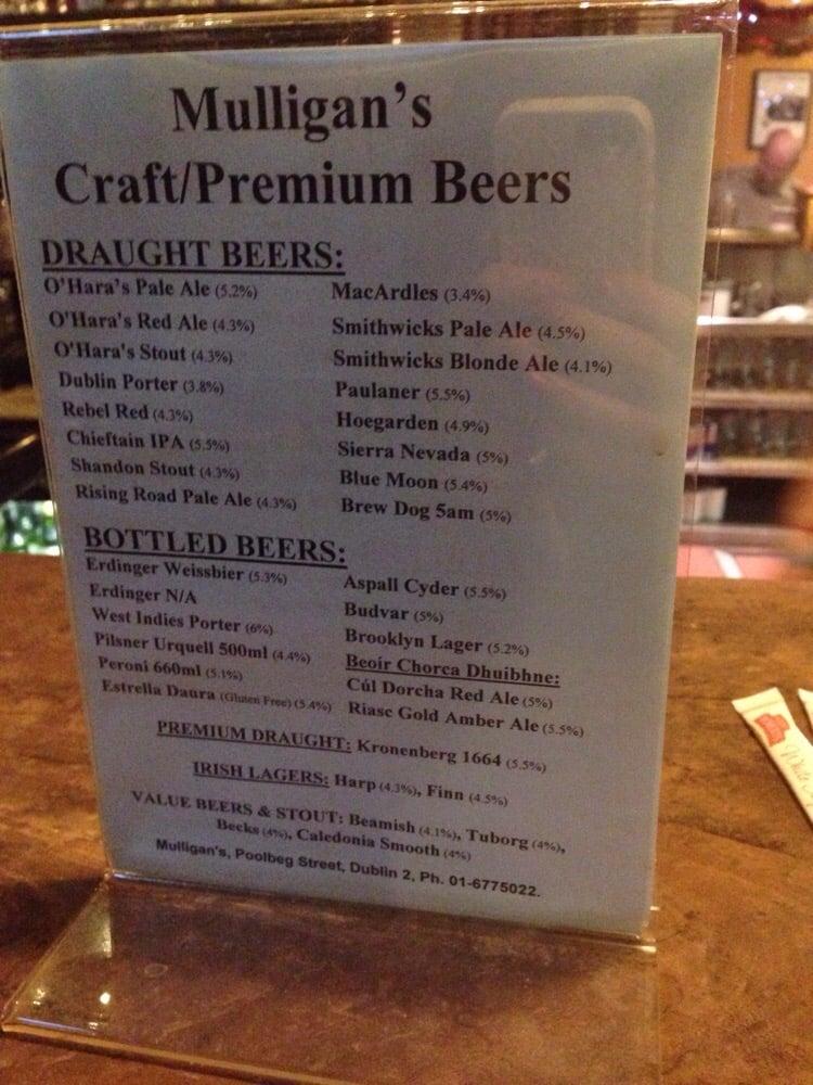 Menu at Mulligan's pub & bar, Dublin