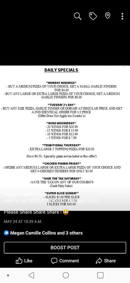 Menu at Poppy's Family Pizza restaurant, Gambo