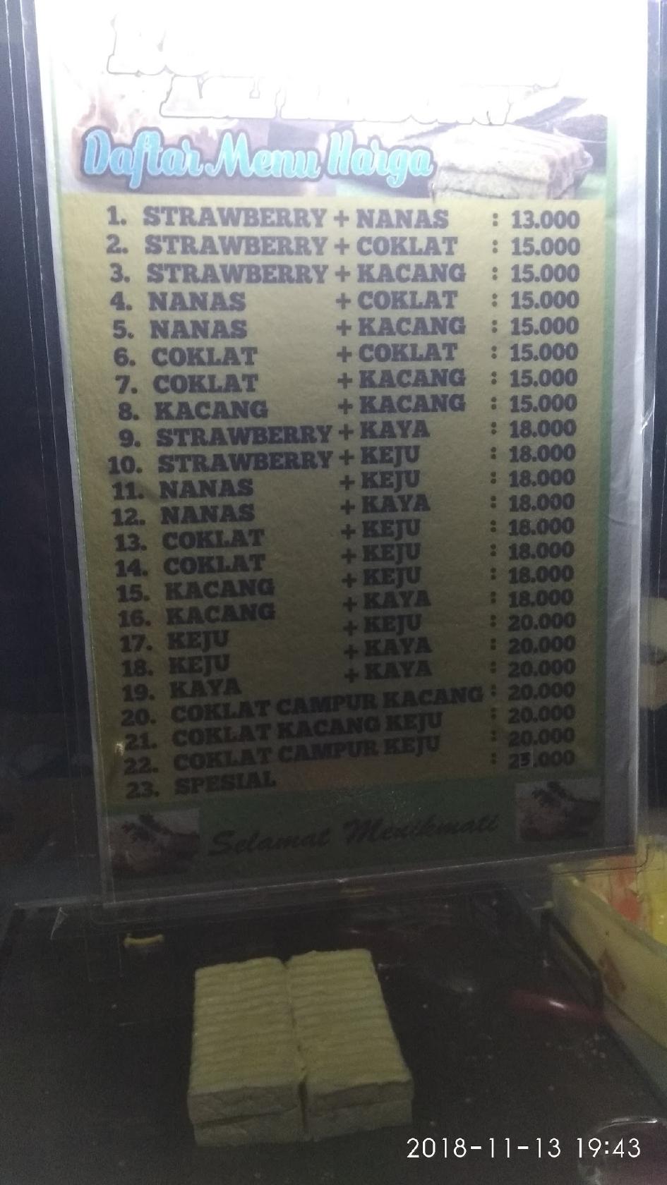 Menu at Roti Bakar Khas Bandung restaurant, Lautang
