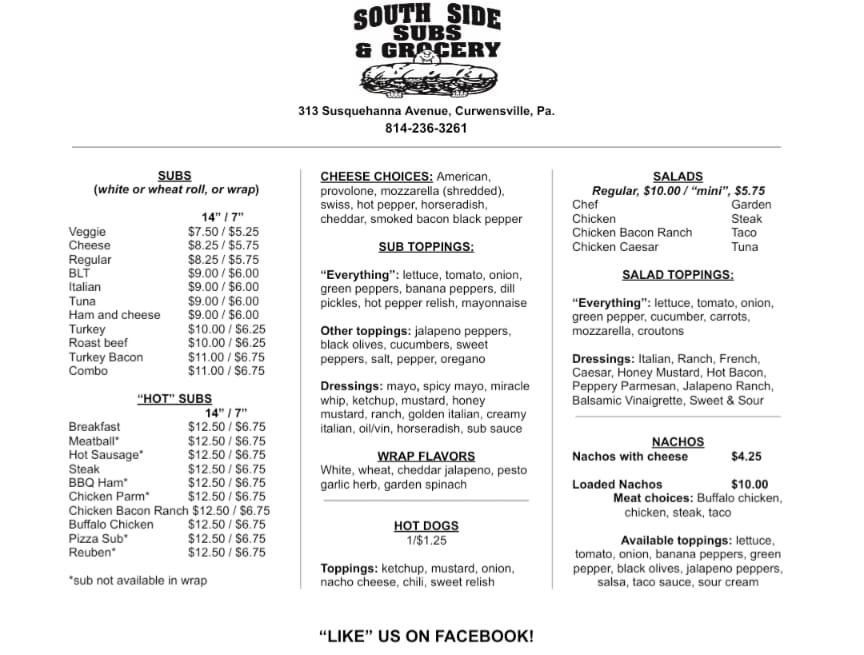 Menu at South Side Subs & Groceries restaurant, Curwensville