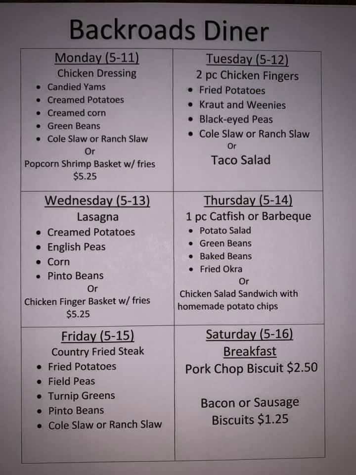 Menu at Backroads Diner BBQ, Arab