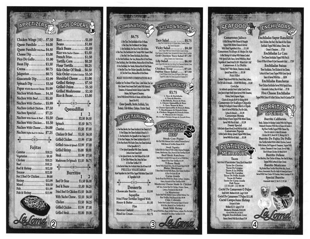 Menu at La Loma Mexican Restaurant, Forest City