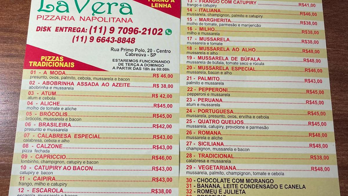 Menu at Lá vera napolitana 2 restaurant, Cabreúva