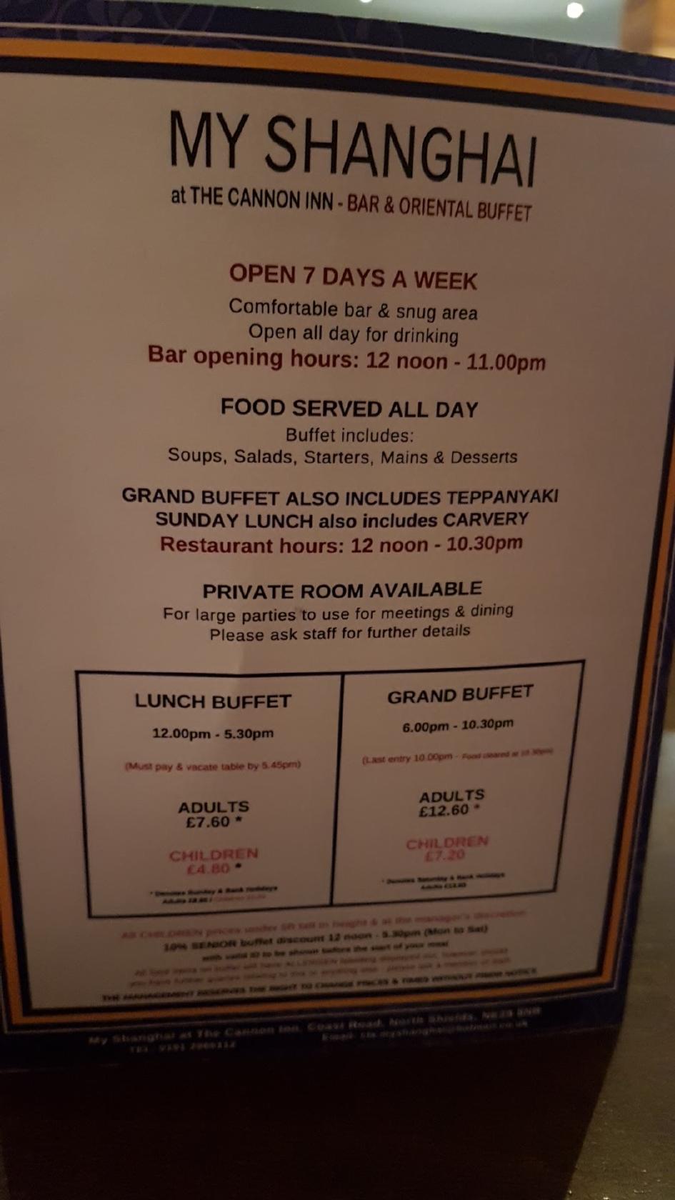 Menu at My Shanghai Bar & Oriental Buffet, North Shields, The Cannon Inn