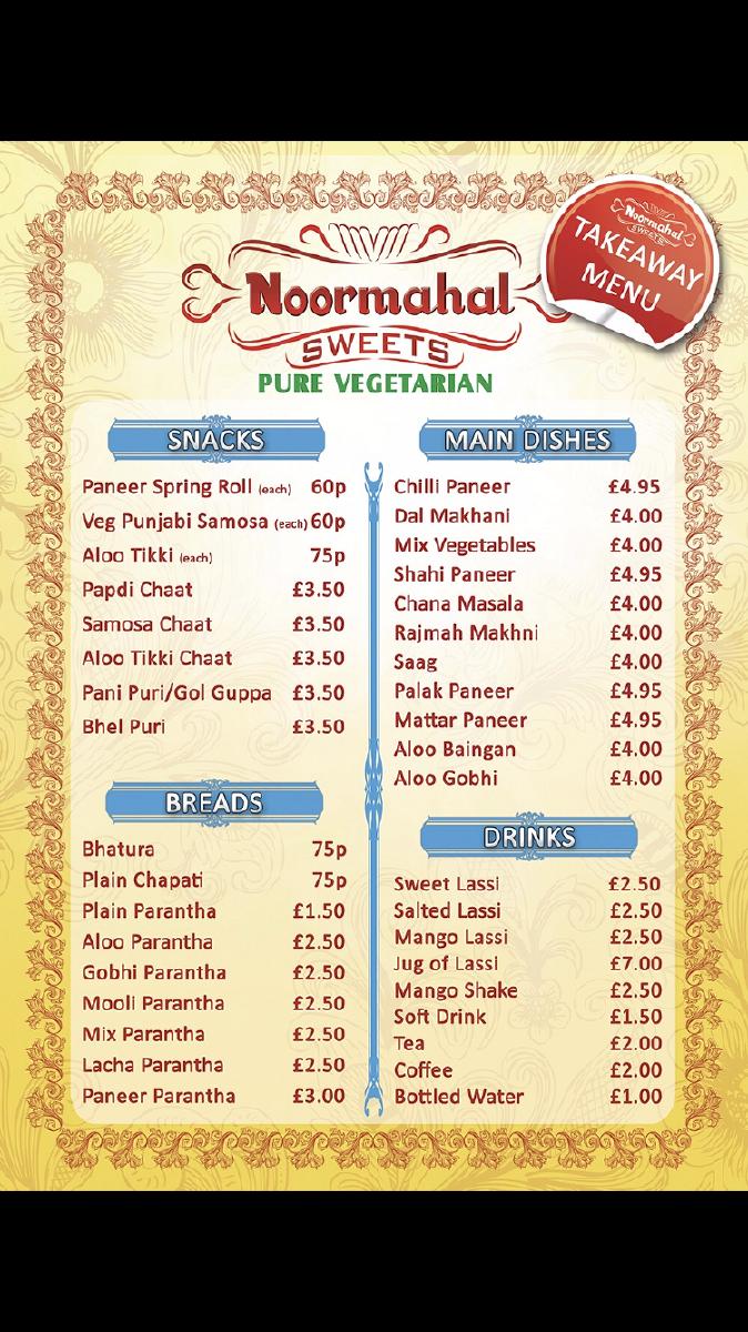 Menu at Noormahal Sweets restaurant, Southall