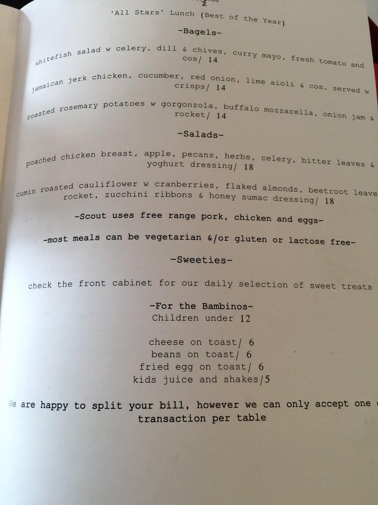 Menu at Scout Cafe, Brisbane City