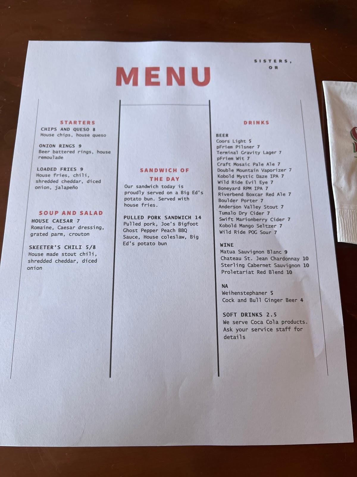 Menu at Ski Inn Taphouse and Hotel restaurant, Sisters