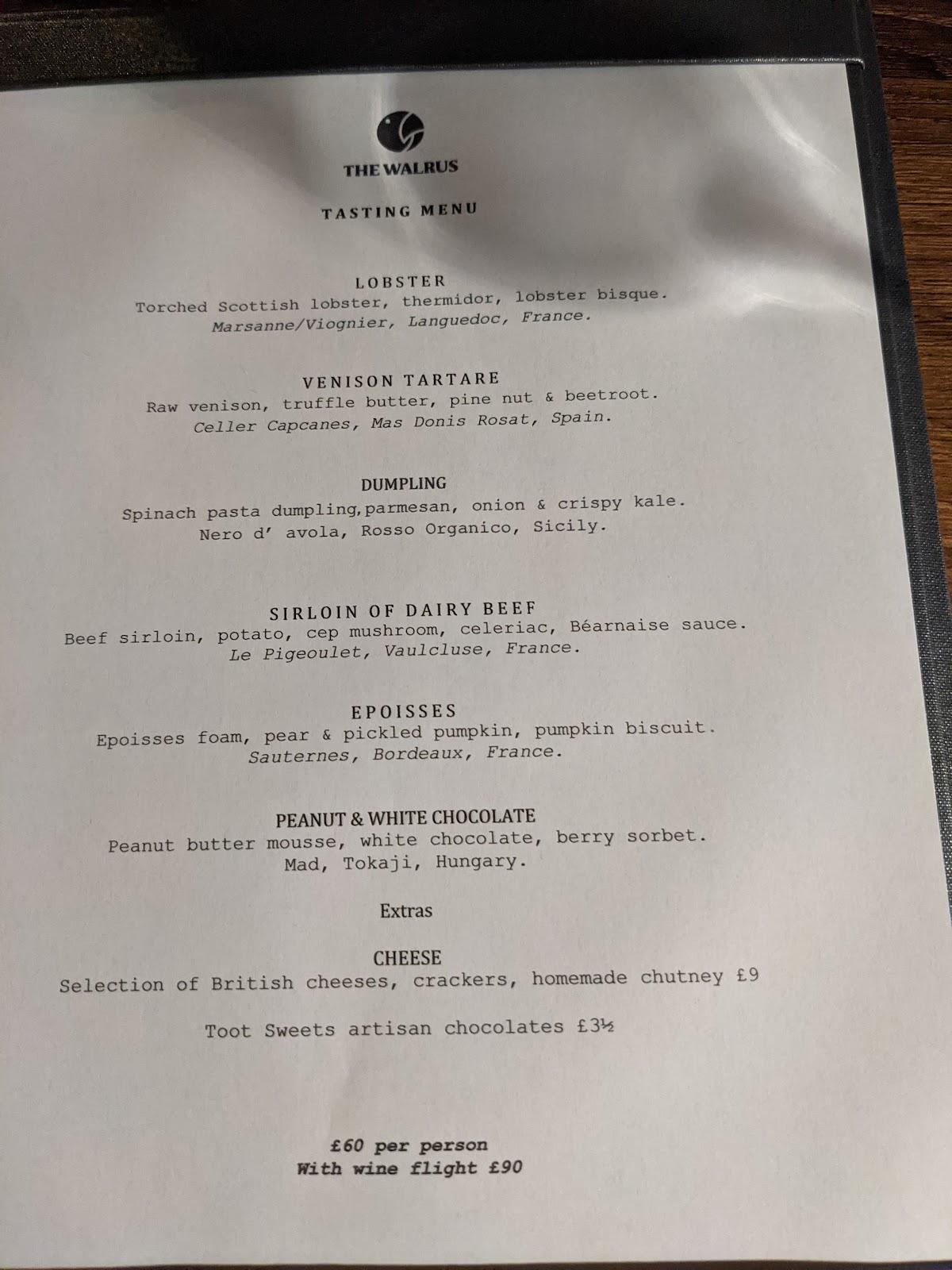 Menu at The Walrus restaurant, Shrewsbury