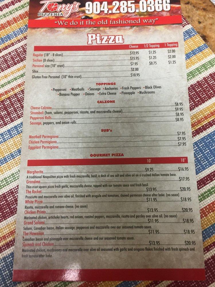 Menu at Tony's Pizza pizzeria, Ponte Vedra Beach, 302 Solana Rd #103