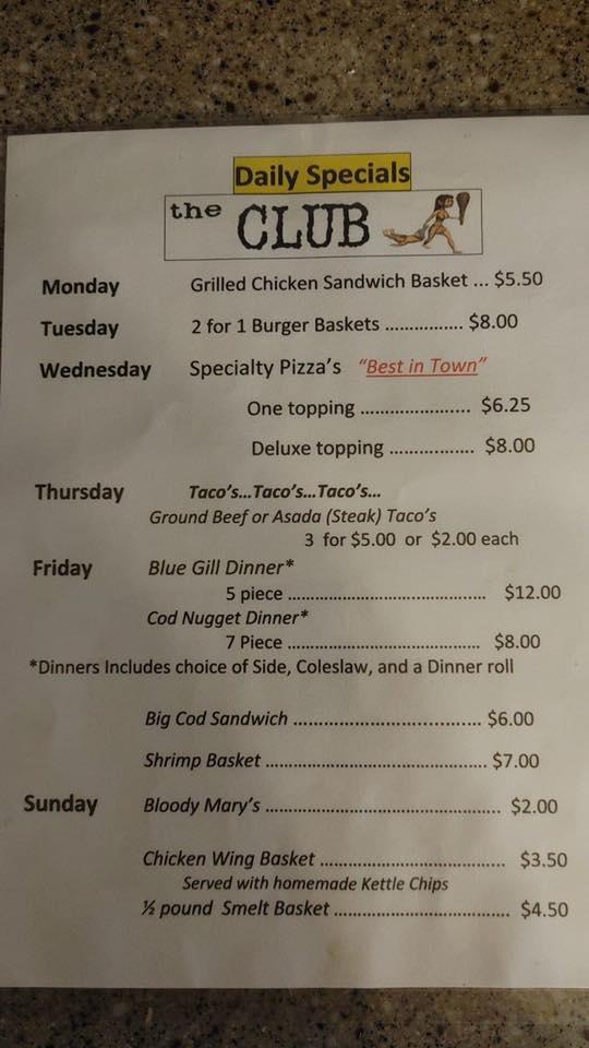 Menu at The Club Tavern, Beloit, Porter Ave