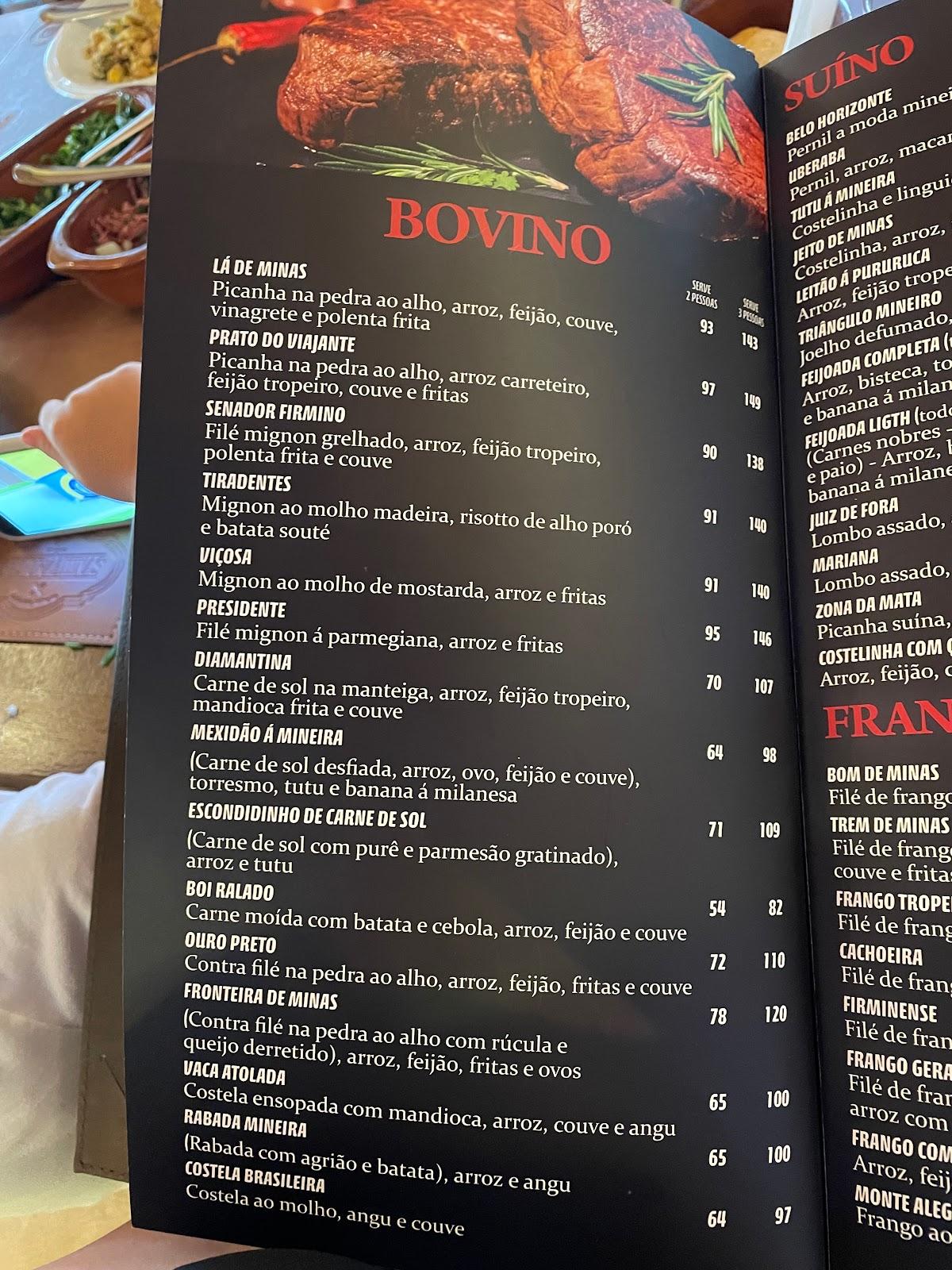 Menu at Cultura de Minas restaurant, São Paulo