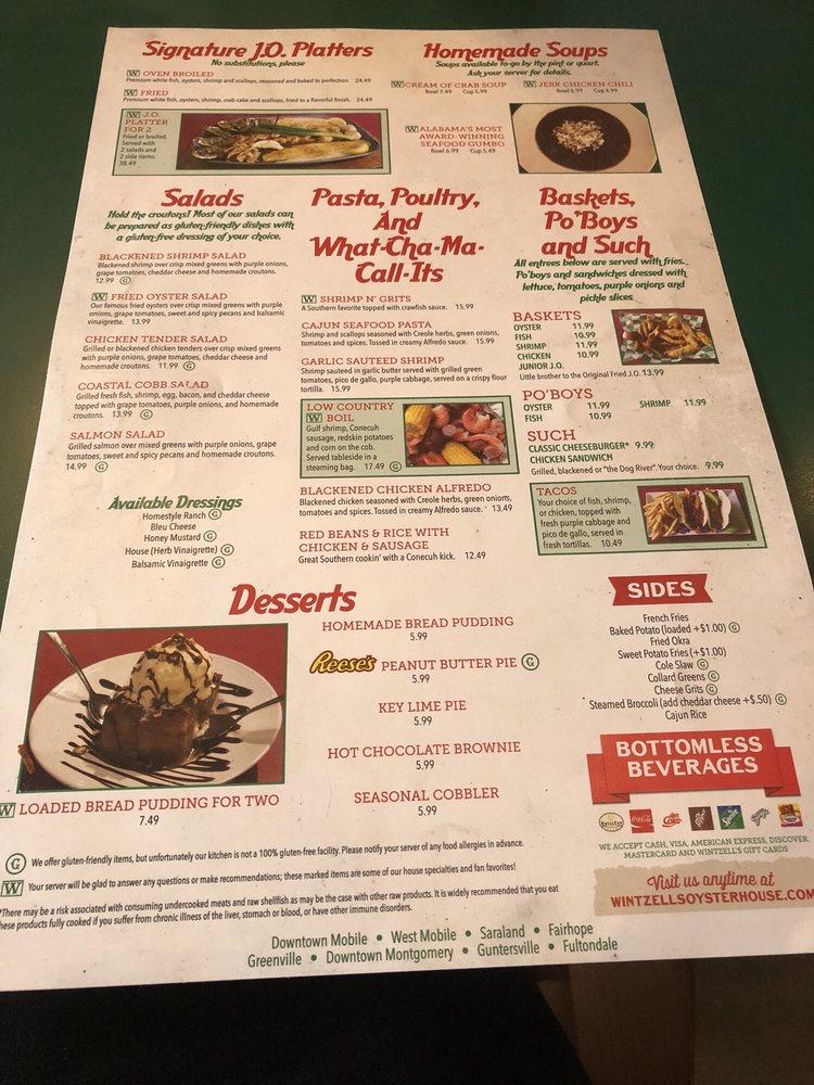 Menu at Wintzell's Oyster House restaurant, Montgomery, 105 Commerce St