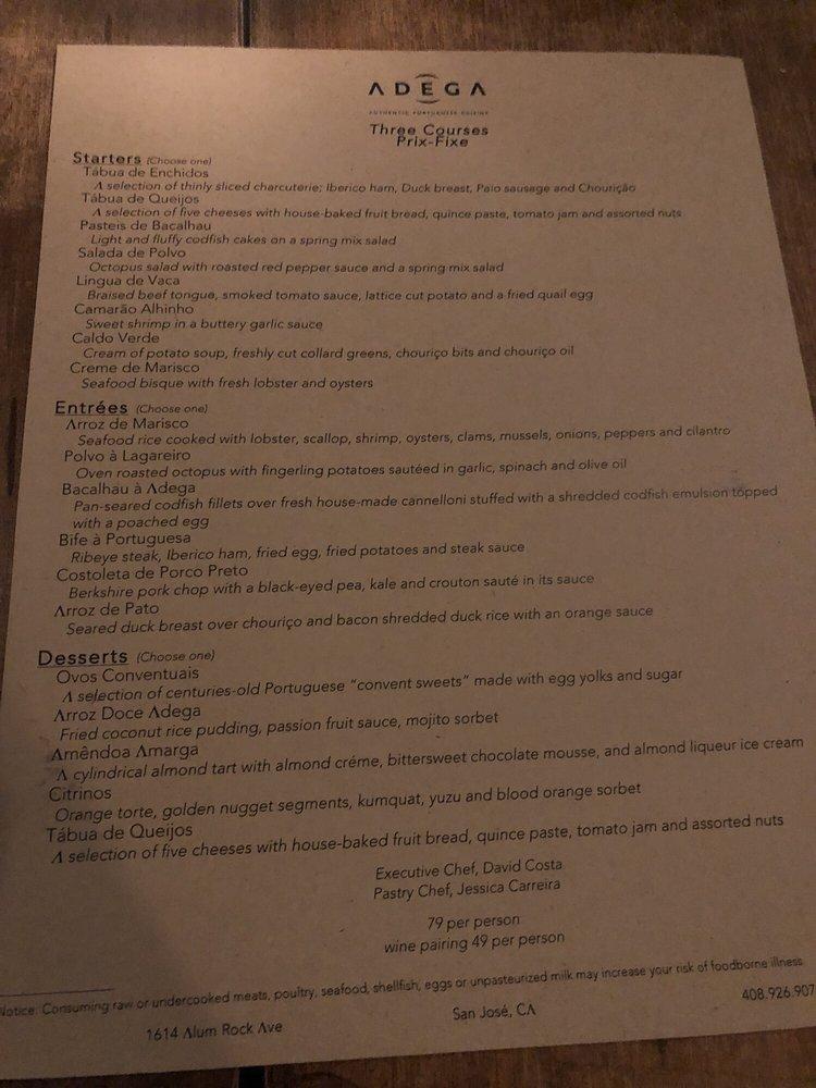 Menu at ADEGA restaurant, San Jose, 1614 Alum Rock Ave