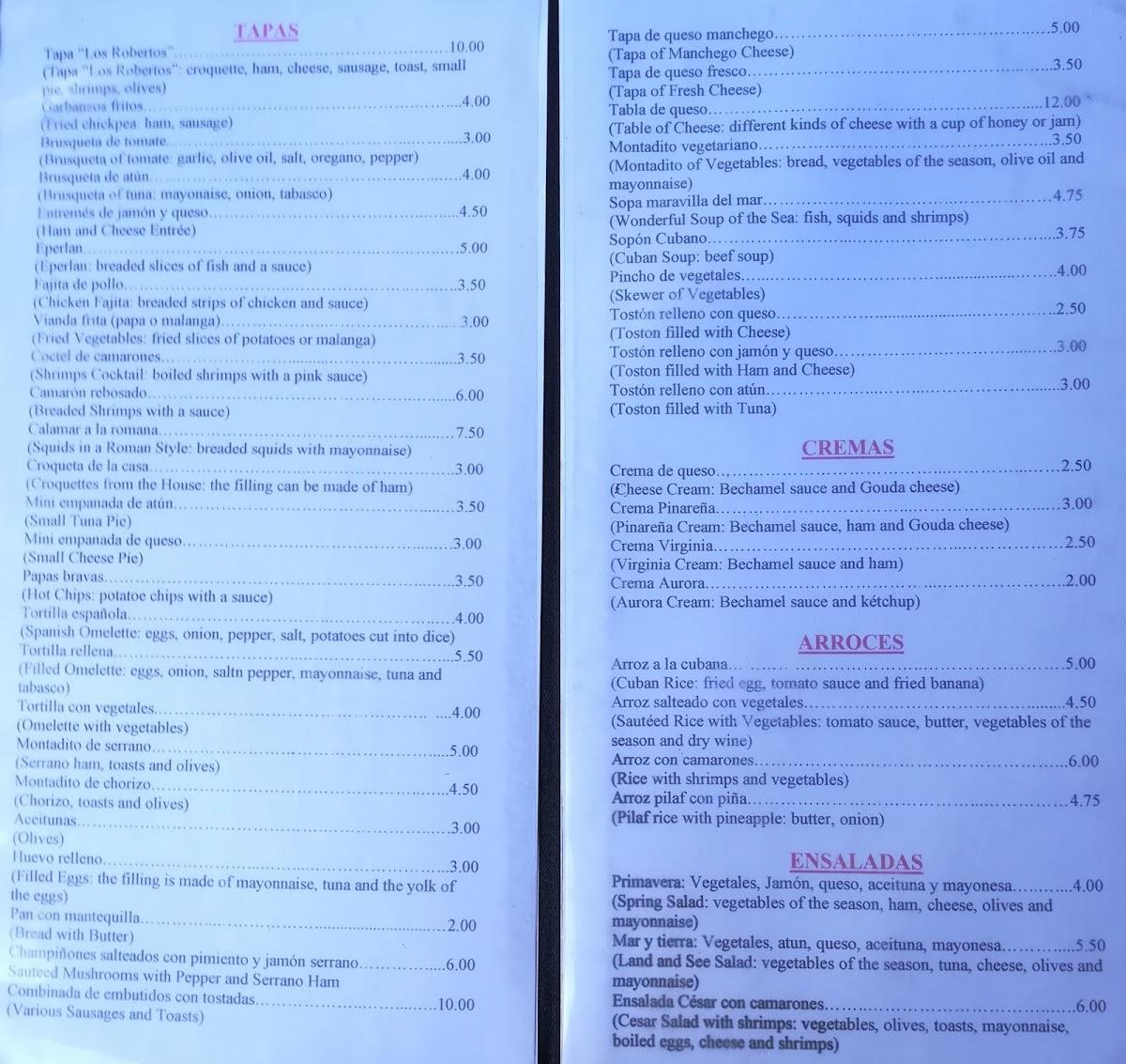 Menu at Bar "Los Robertos, Vinales