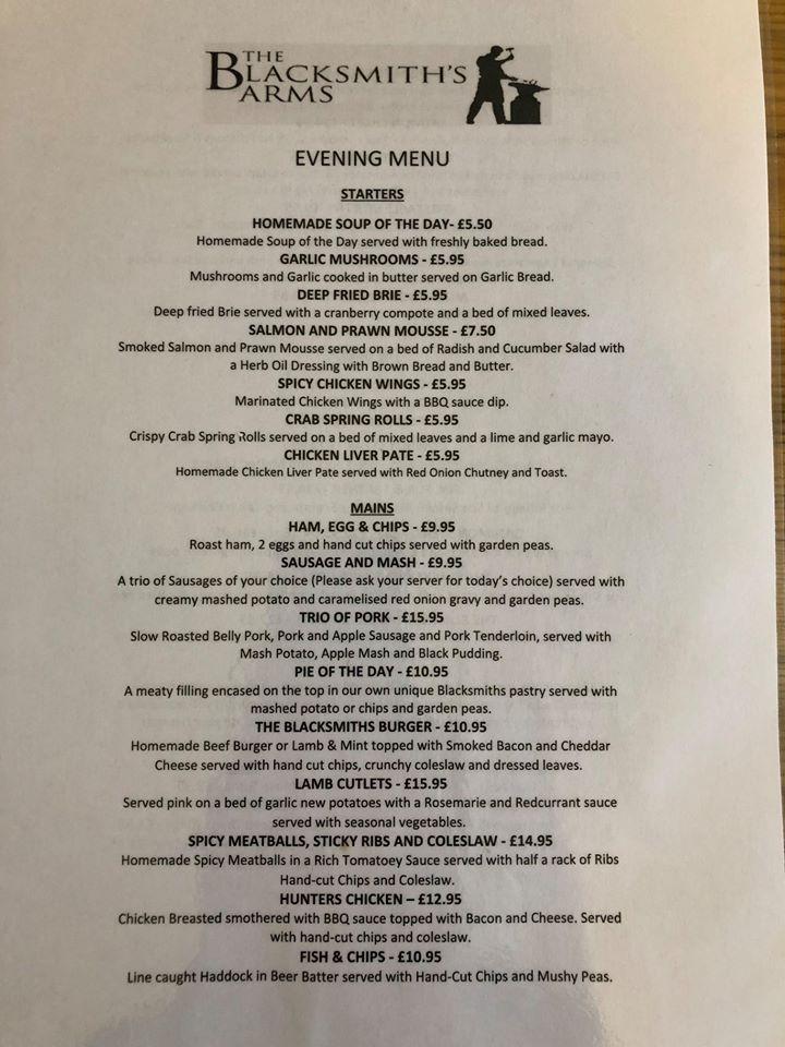 Menu at Blacksmith's Arms, Skendleby pub & bar, Spilsby, Main Road