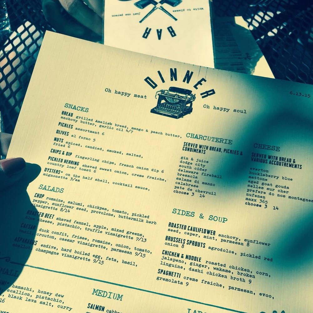 Menu at Bluebeard restaurant, Indianapolis