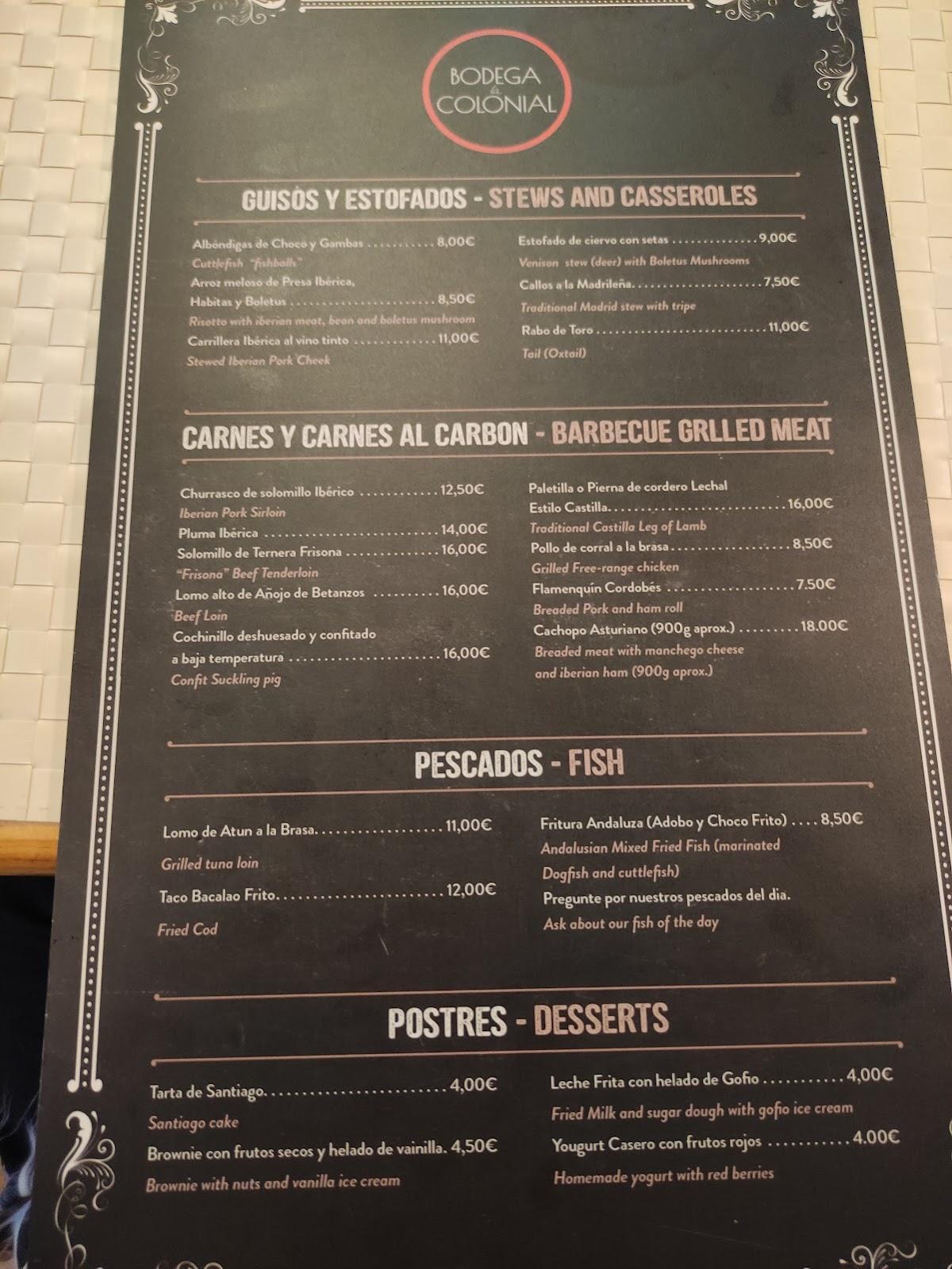Menu at Bodega La Colonial restaurant, Playa Blanca