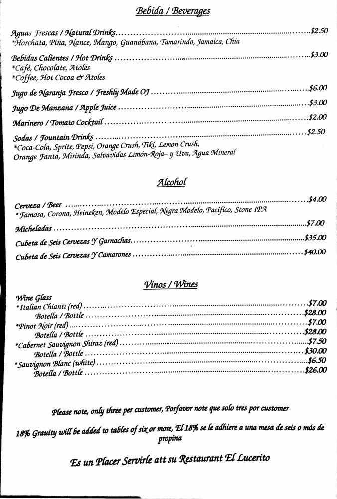 Menu at El Lucerito restaurant, San Rafael