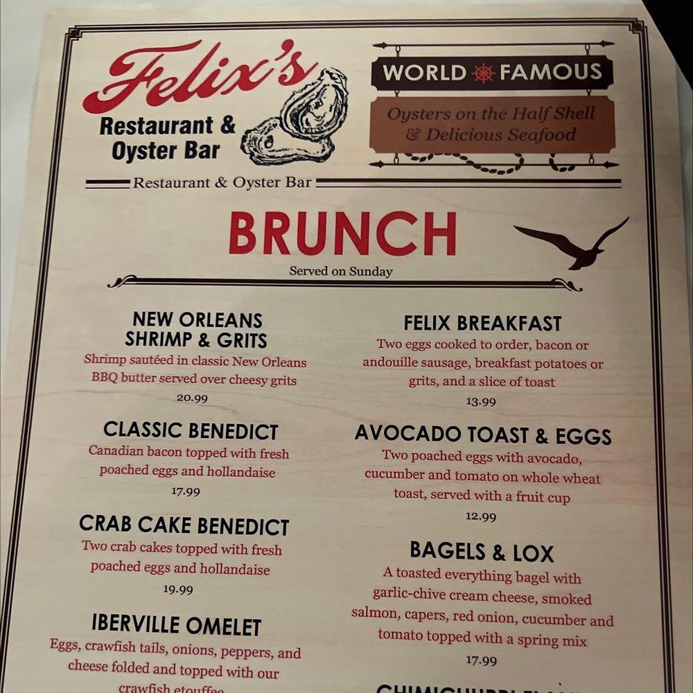 Menu at Felix's Restaurant & Oyster Bar, Pensacola Beach
