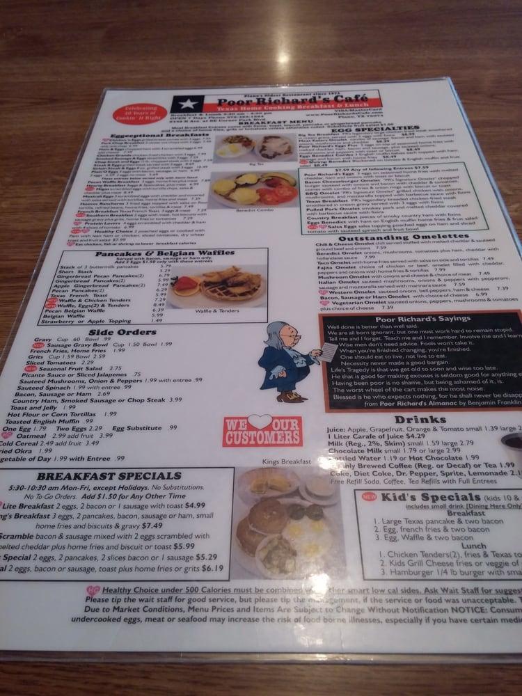 Menu at Poor Richard's Cafe, Plano