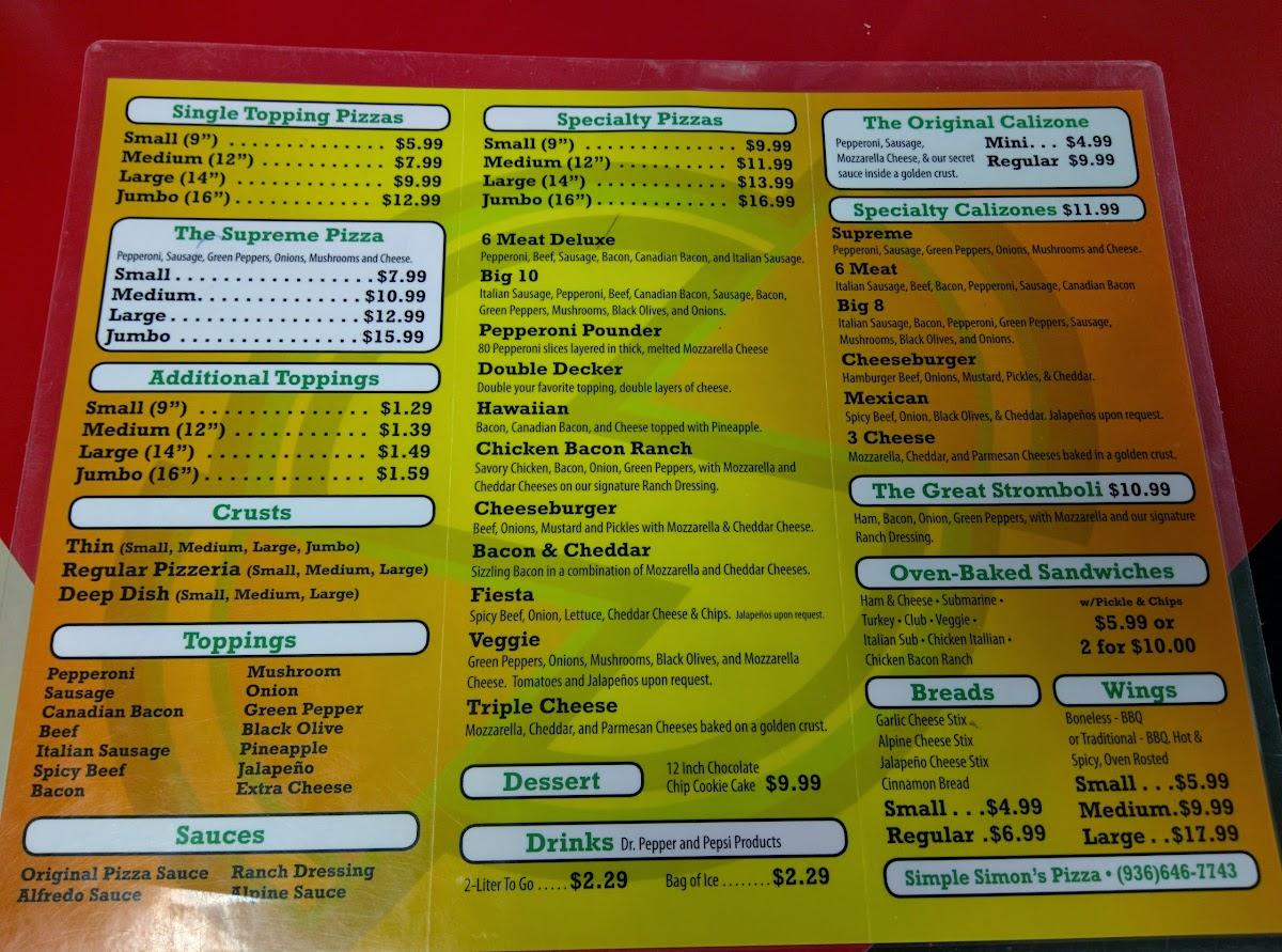 Menu at Simple Simon's Pizza pizzeria, Onalaska