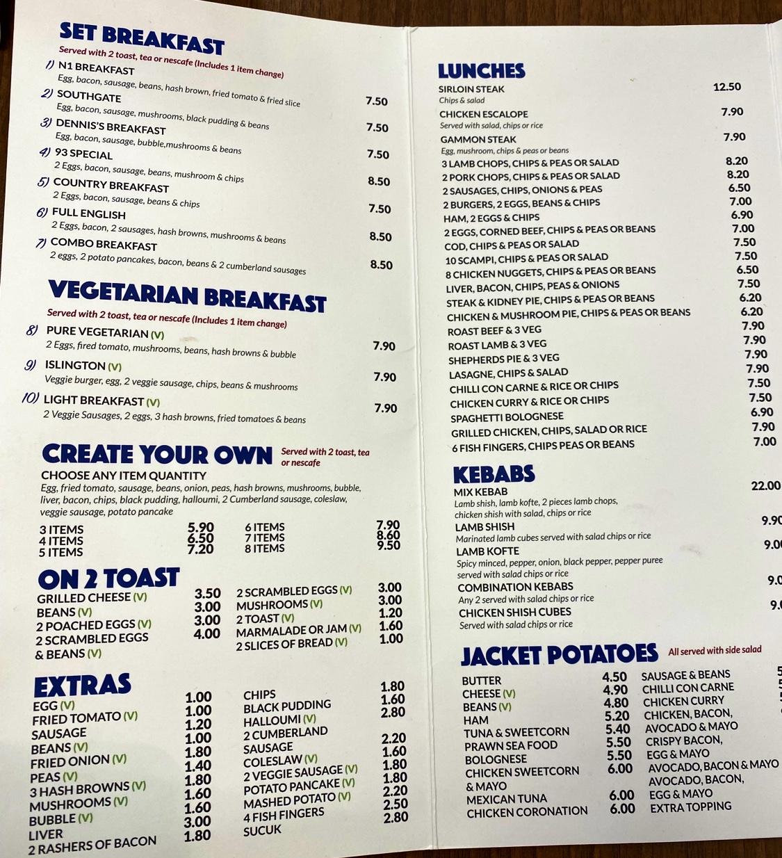 Menu at Spring Rose Café cafe, London, 93 Southgate Rd