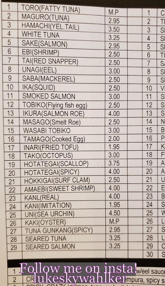 Menu at Sushi Kame restaurant, Champaign, 39 E Green St