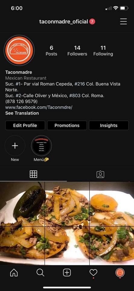 Menu at Taconmadre restaurant, Piedras Negras