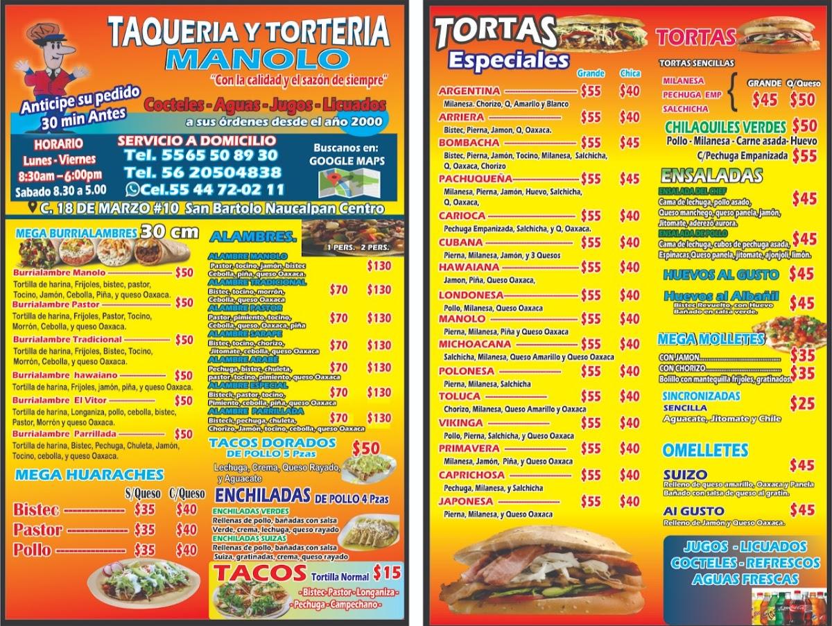 Carta del restaurante Torteria y Taqueria Manolo, Naucalpan del Juárez
